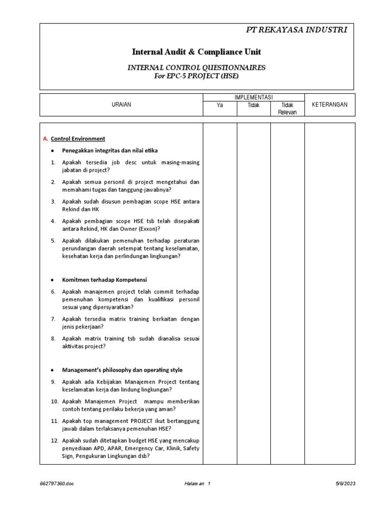 Audit Internal HSE Proyek EPC-5 | PDF