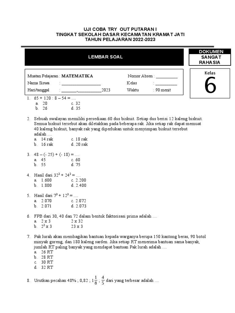 Soal MTK TO 1 TA 2022 - 2023 | PDF