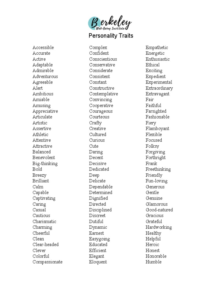 Comprehensive Personality Traits List | PDF