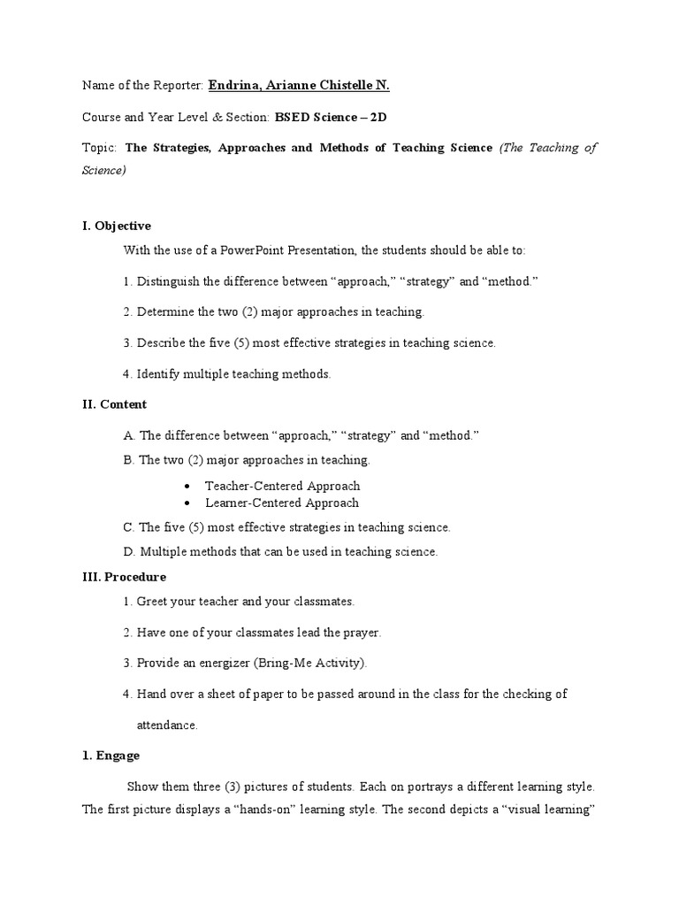 Lesson Plan (Approaches, Strategies and Methods of Teaching Science) | PDF