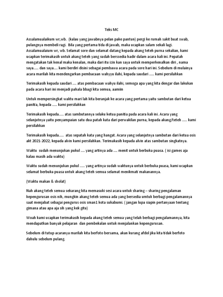 Teks MC Bukber | PDF | Seni & Disiplin Bahasa | Agama & Spiritualitas