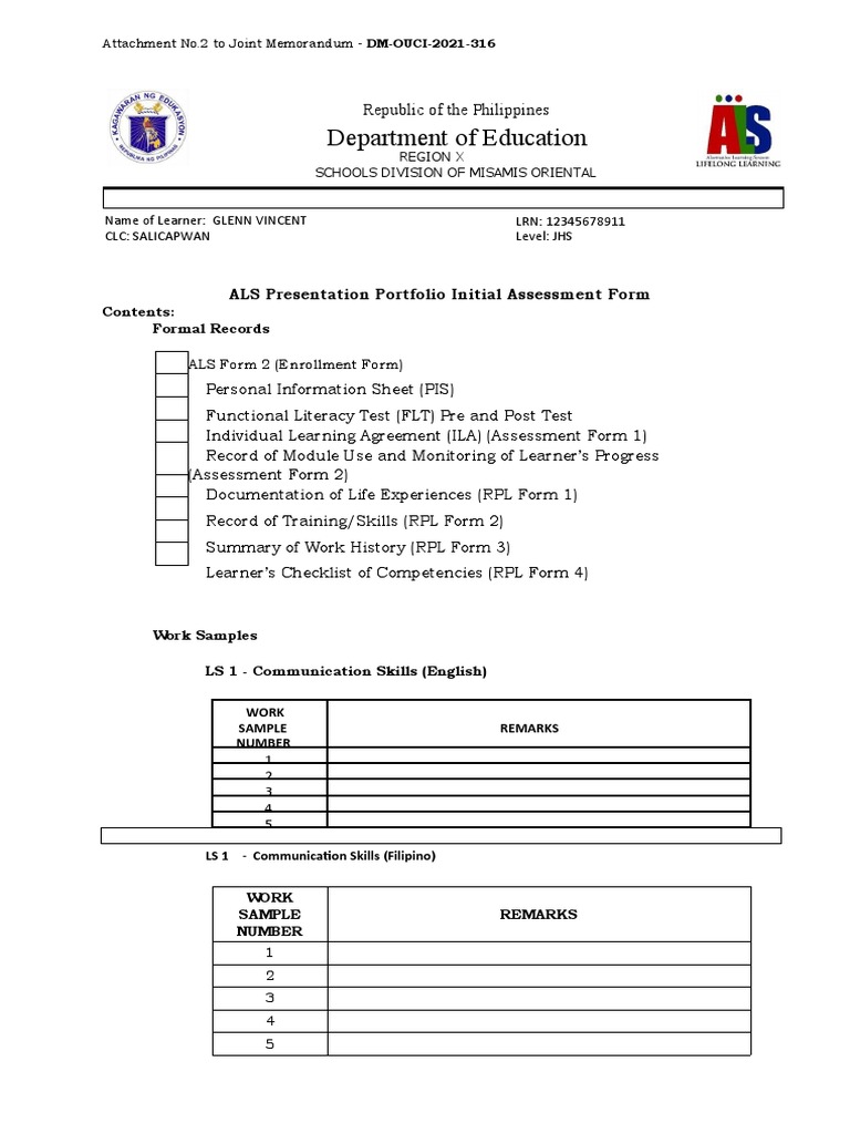 ALS Presentation Portfolio Initial Assessment Form | PDF