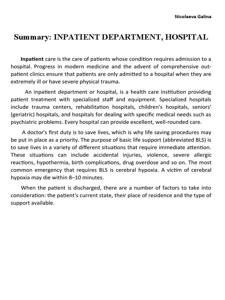 Summary, INPATIENT DEPARTMENT, HOSPITAL | PDF