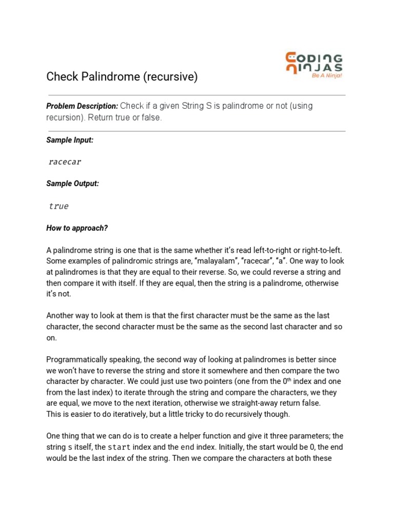 Check Palindrome (Recursive) Editorial | PDF