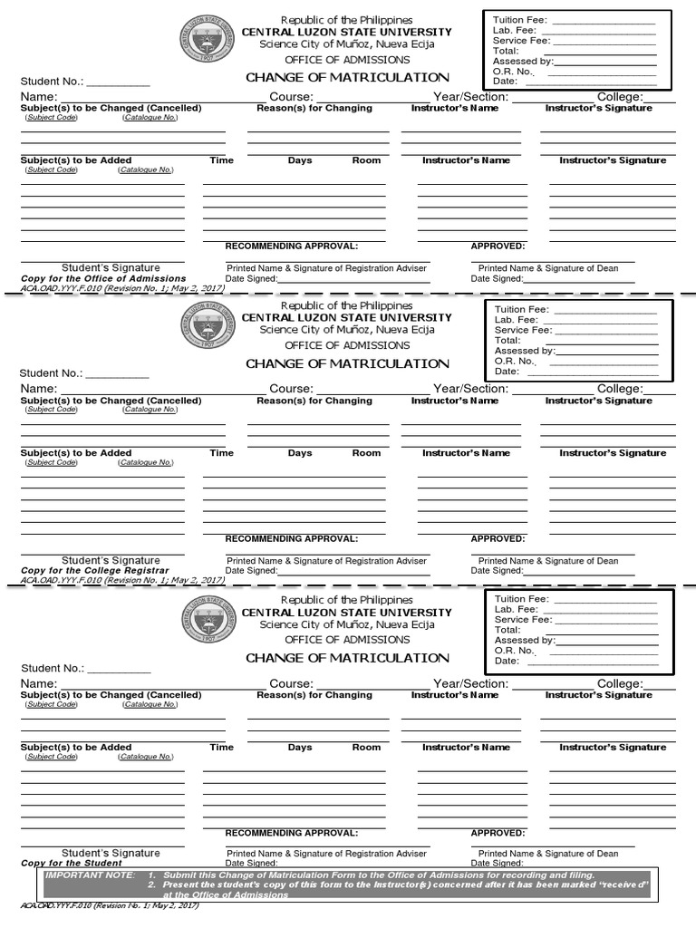 ACA - OAD.YYY.F.010 Change of Matriculation Changing Adding Form PDF | PDF