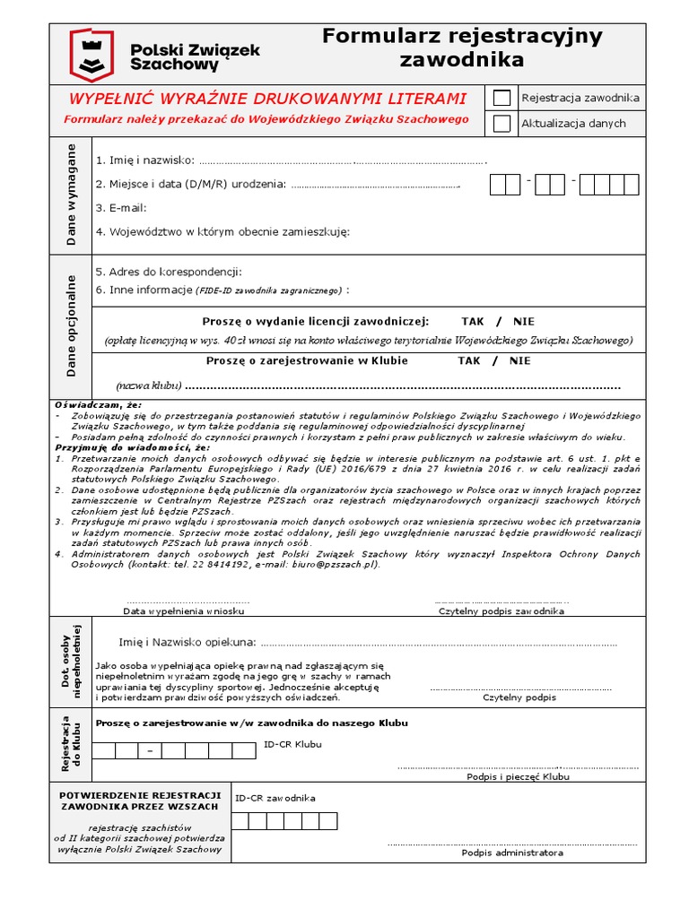 Formularz Rejestracyjny Zawodnika Pdf