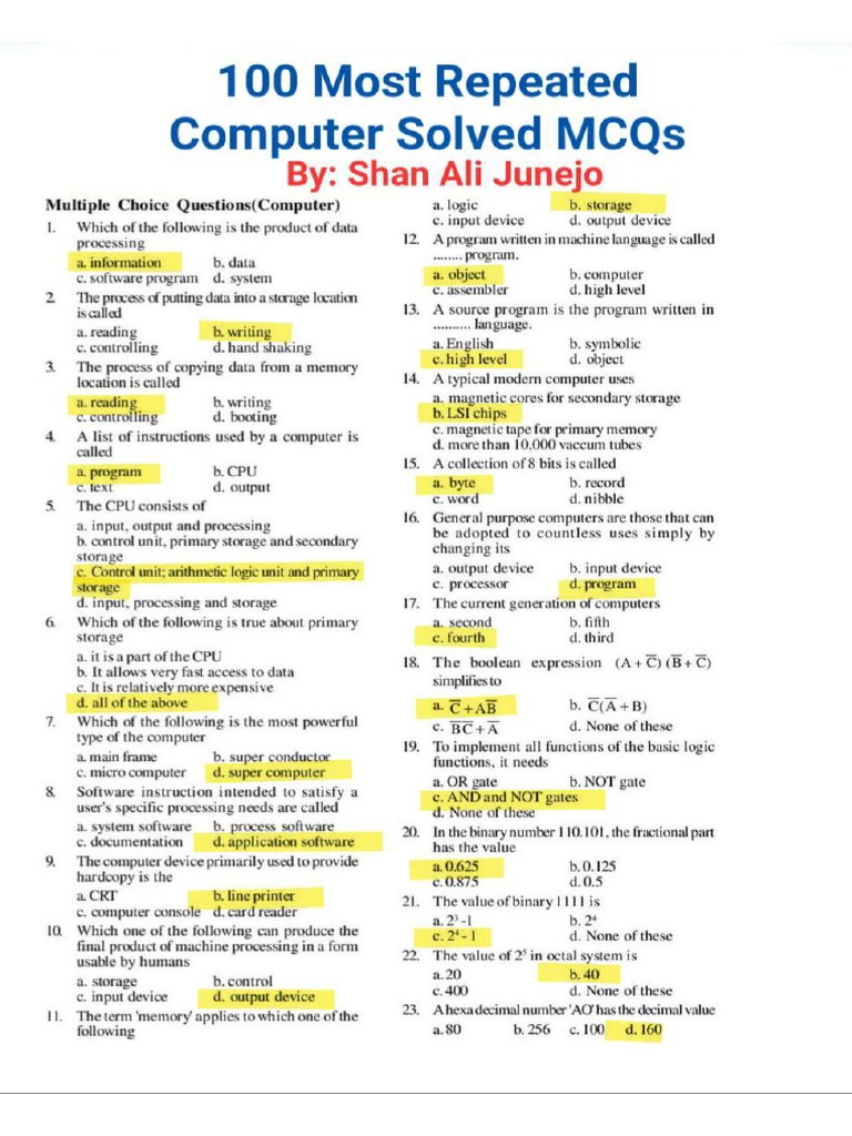 120 Computer Most Repeated Solved MCQs - 1 | PDF