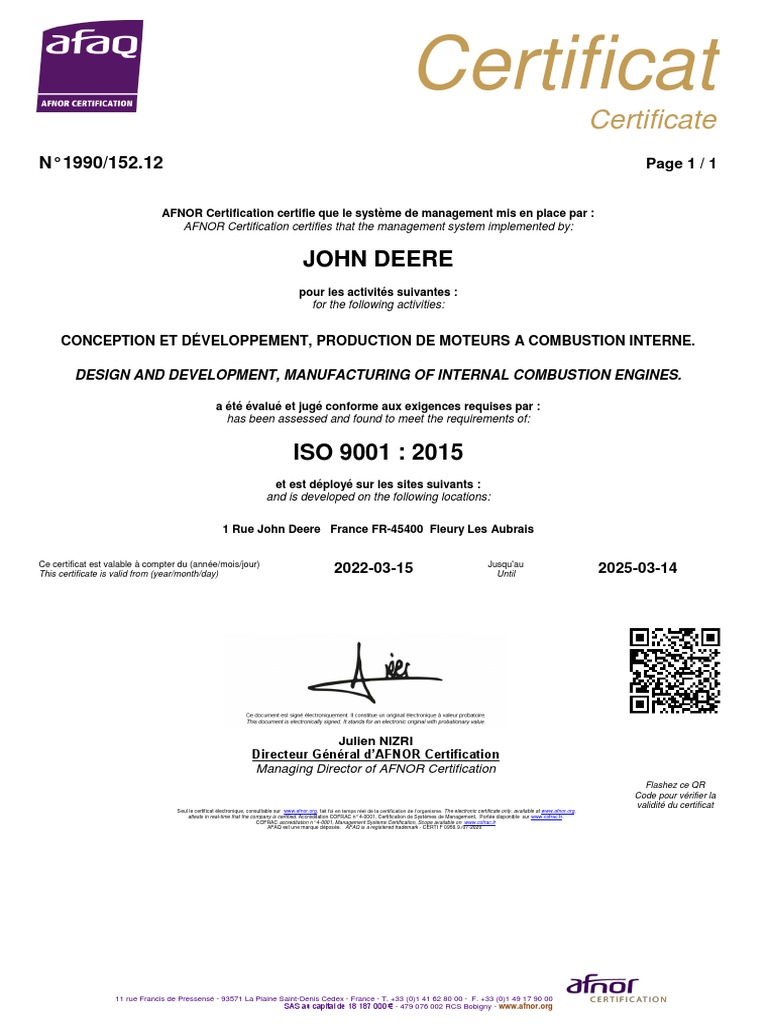 Certification ISO 9001 de John Deere | PDF