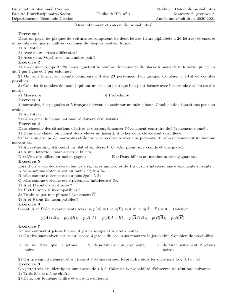 TD1 Proba 2020 2021 PDF | PDF