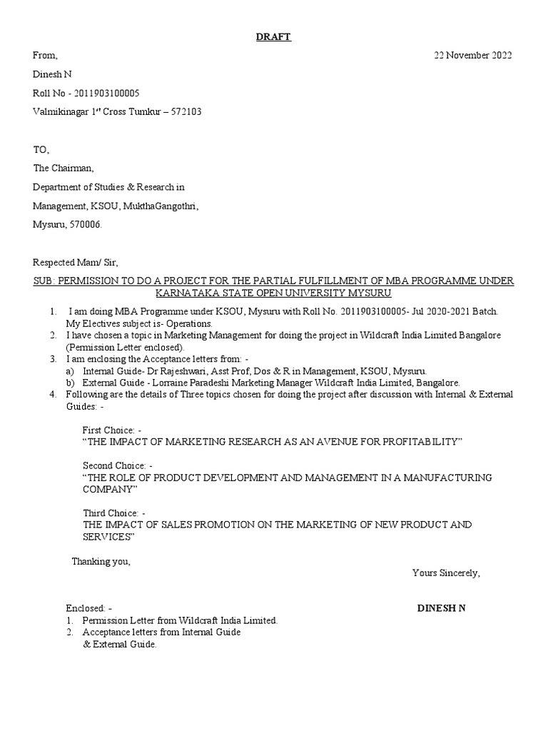 KSOU MBA Project Approval Request | PDF | Business