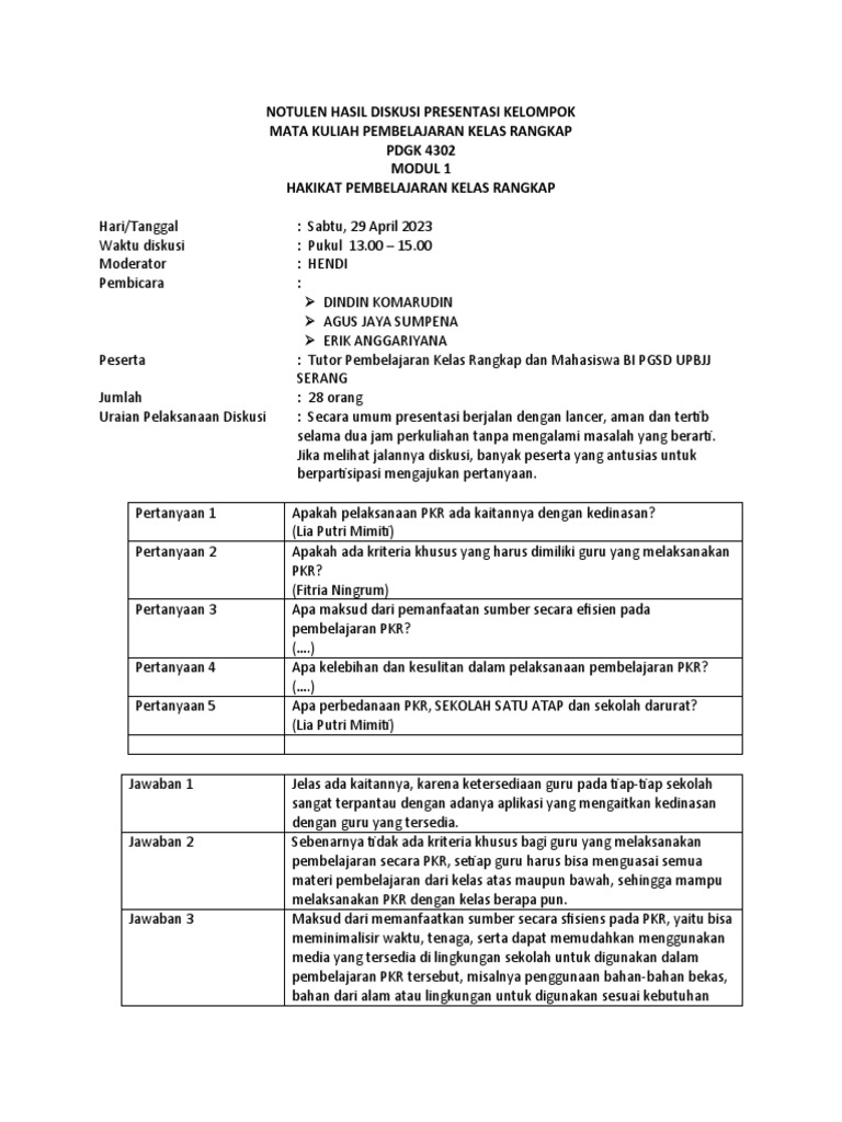 Notulen Hasil Diskusi Presentasi Kelompok | PDF