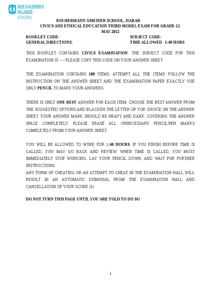 Grade 12 Civics Exam - May 2012 | PDF | Social Science