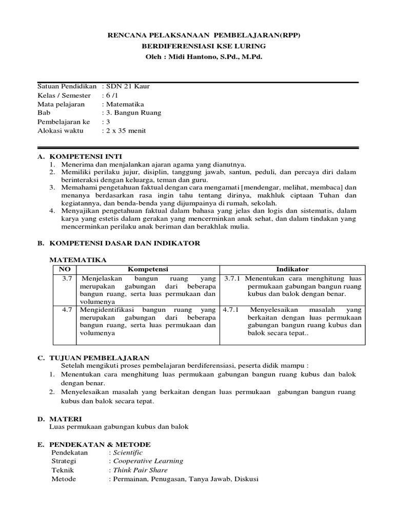 Rencana Pelaksanaan Pembelajaran (RPP) Berdiferensiasi Kse Luring Oleh ...