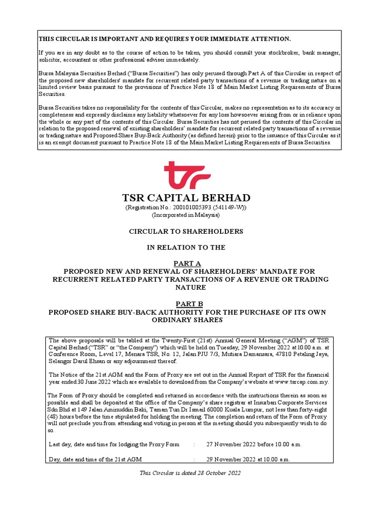 MCD Circular for Shareholders' Mandate | PDF