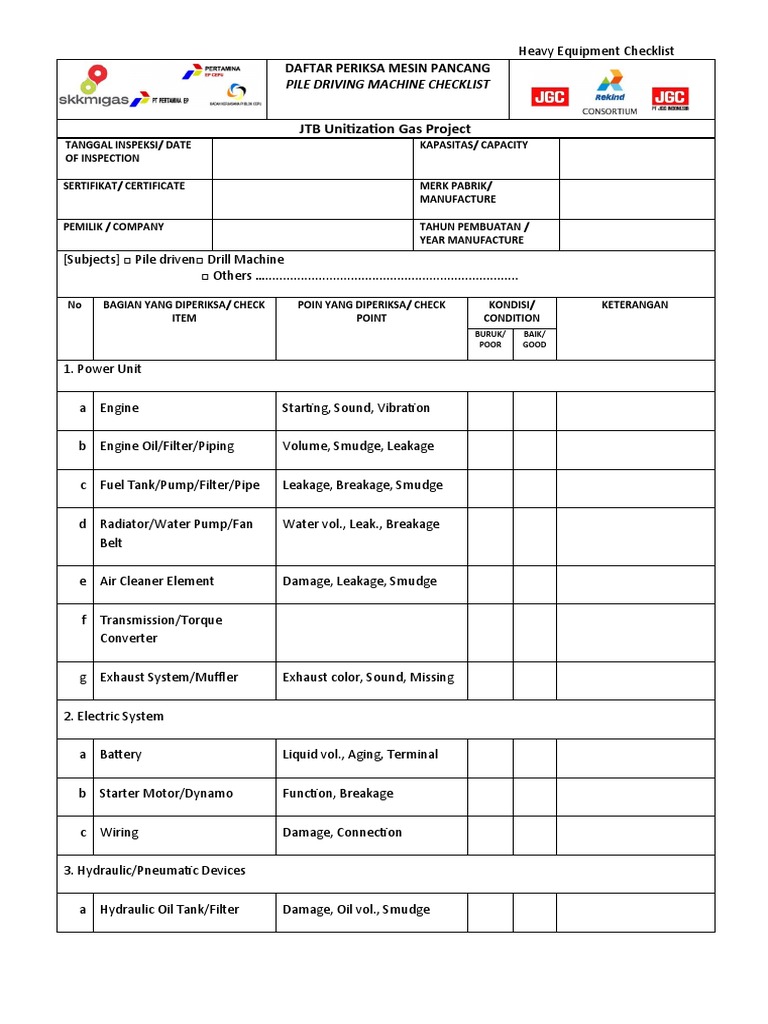 Pile Driving Machine Inspection Checklist | PDF
