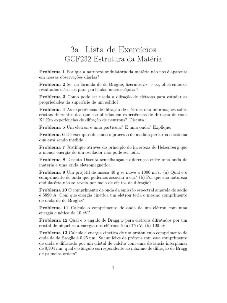 3a Lista Estrutura 2022 1 PDF | PDF | Elétron | Fóton