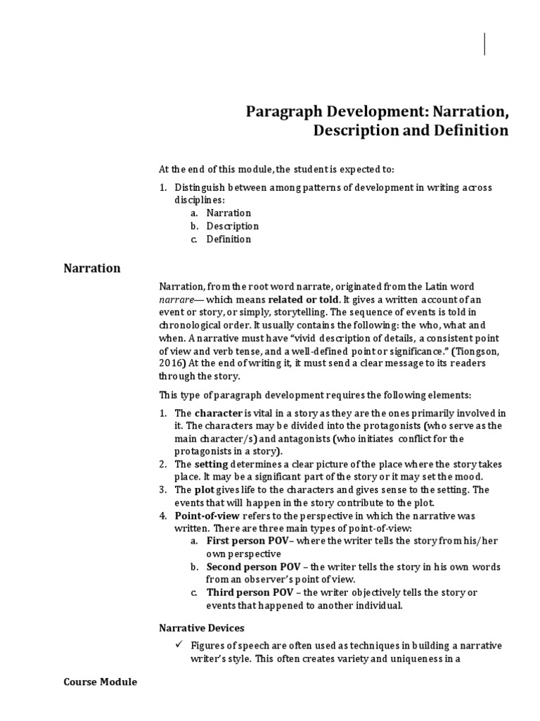 Week 004-Course Module-Narration Description Definition PDF | PDF