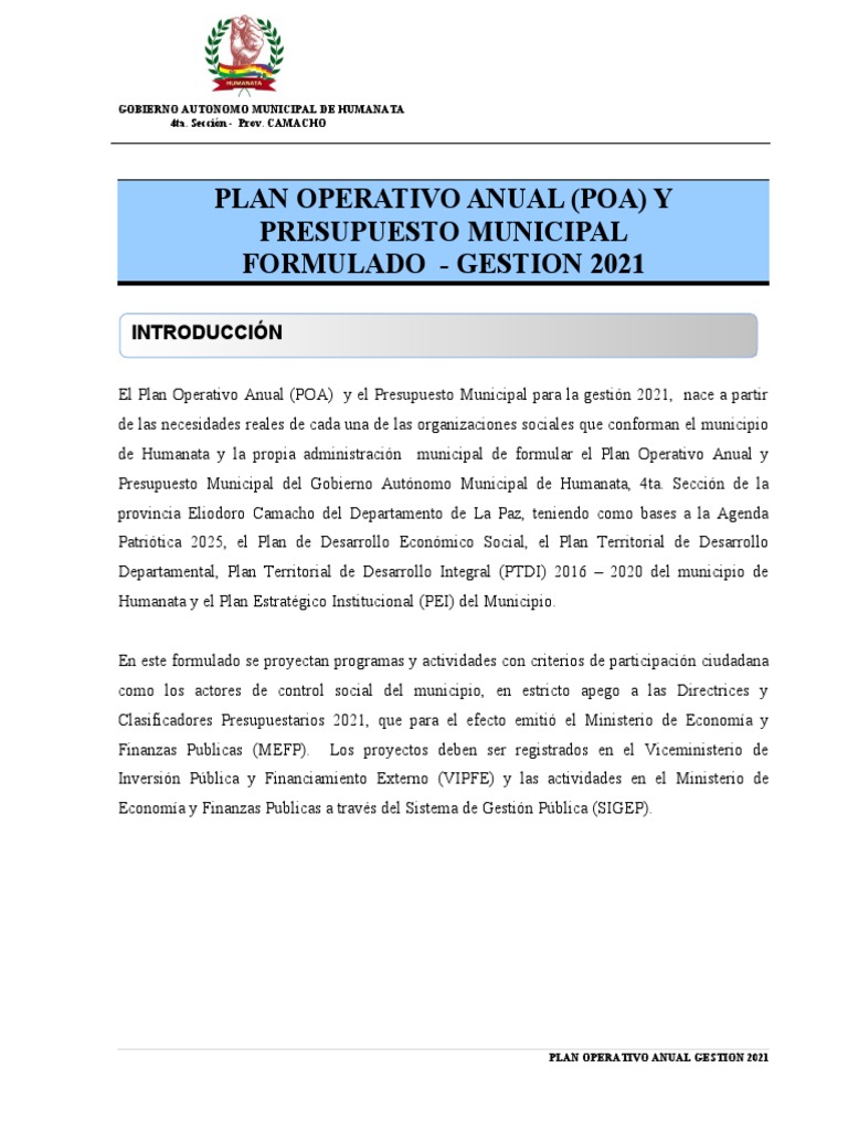 TEORIA DE PROGRAMA OPERATIVO ANUAL | PDF | Alcalde | Presupuesto