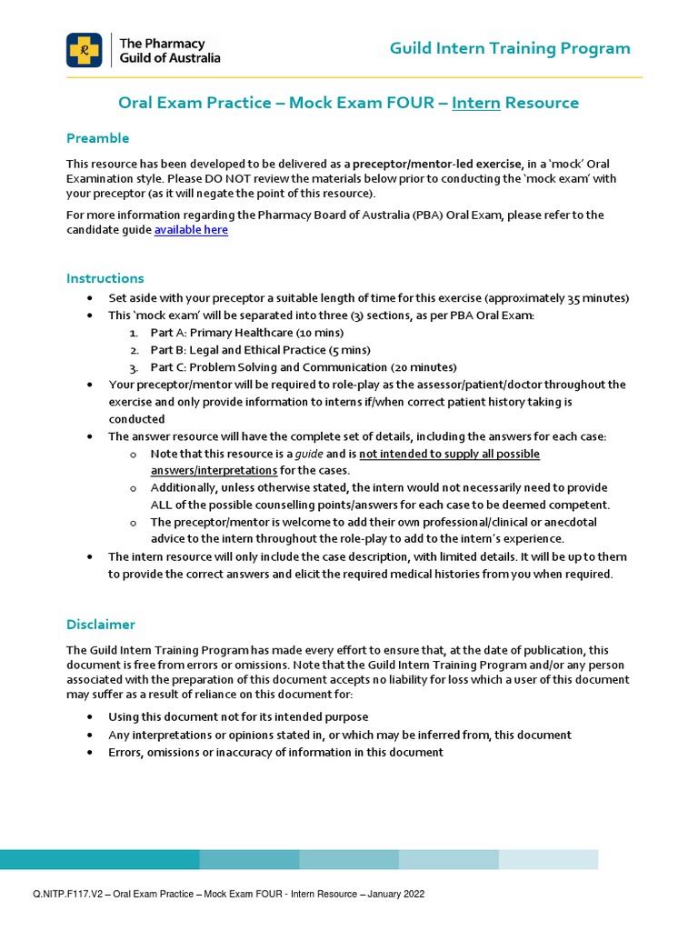 Pharmacy Intern Oral Exam Mock Practice | PDF