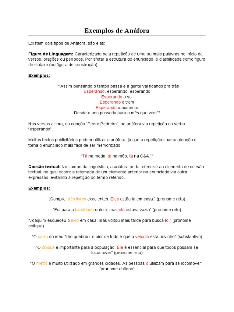 Dois tipos de Anáfora: Figura de Linguagem e Coesão Textual | PDF