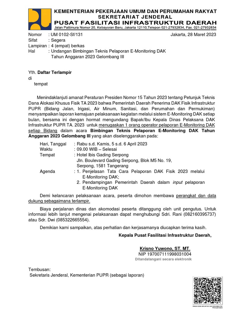 Undangan Bimbingan Teknis Pelaporan E-Monitoring DAK TA 2023 Gelombang III PDF | PDF