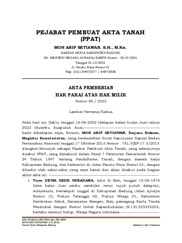 Akta Pemberian HGB Atau Hak Pakai Atas HM - Moh Arif Setiawan | PDF