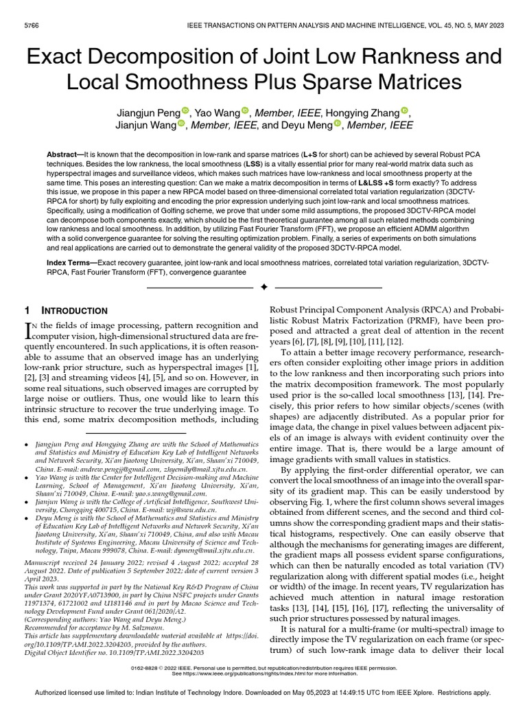 Exact Decomposition Of Joint Low Rankness And Local Smoothness Plus Sparse Matrices Pdf Pdf