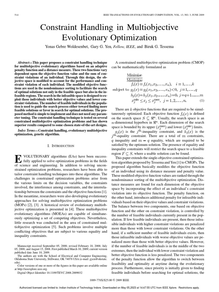 Constraint Handling In Multiobjective Evolutionary Optimization Pdf Pdf