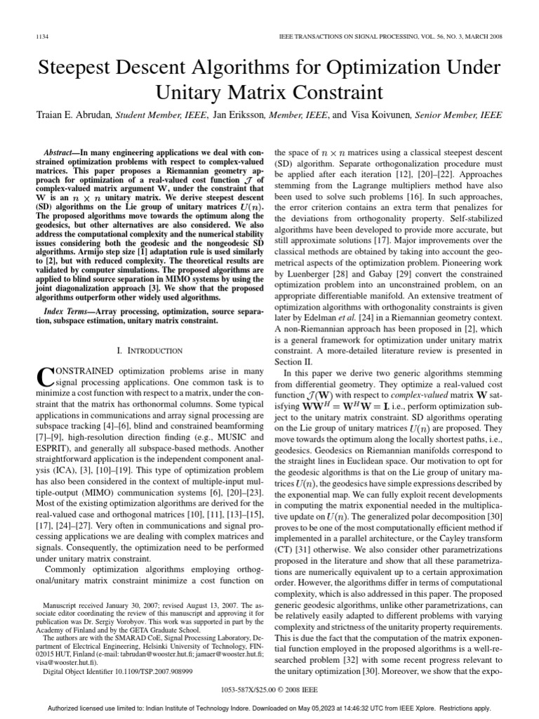 Steepest Descent Algorithms For Optimization Under Unitary Matrix Constraint PDF | PDF