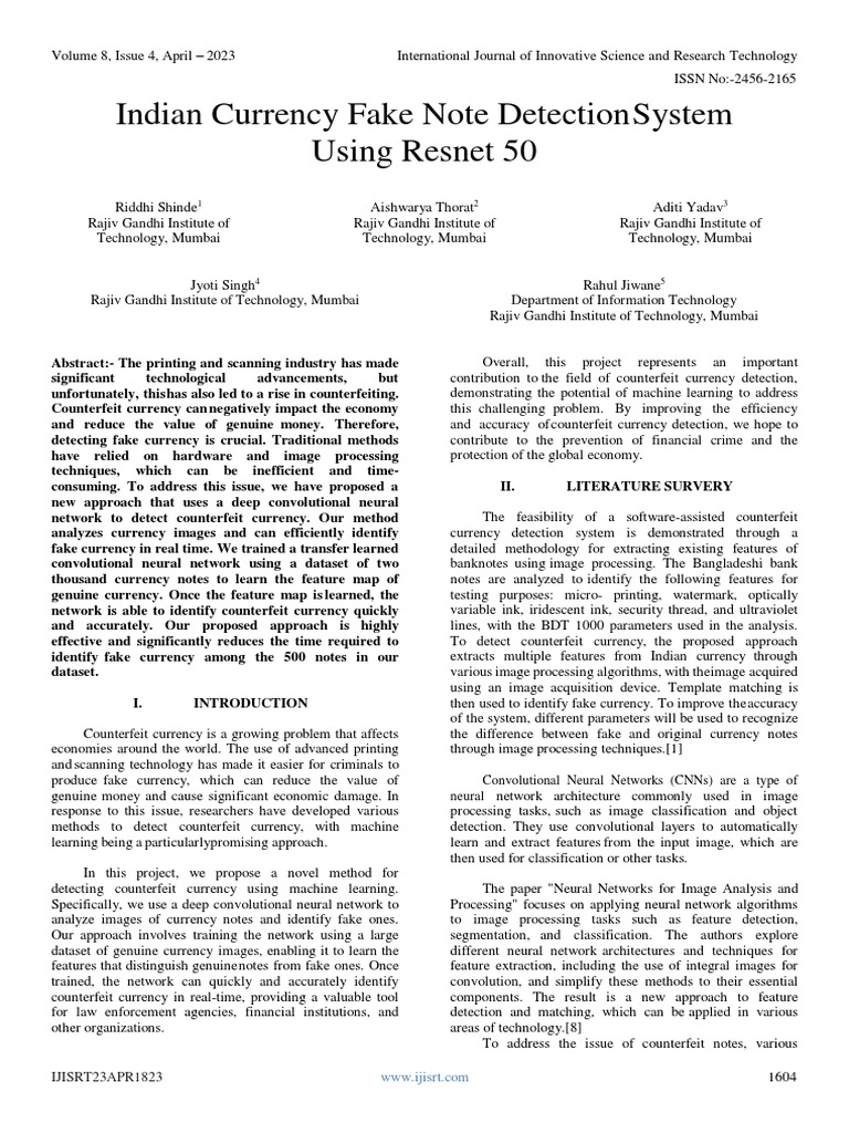Indian Currency Fake Note DetectionSystem Using Resnet 50 | PDF ...