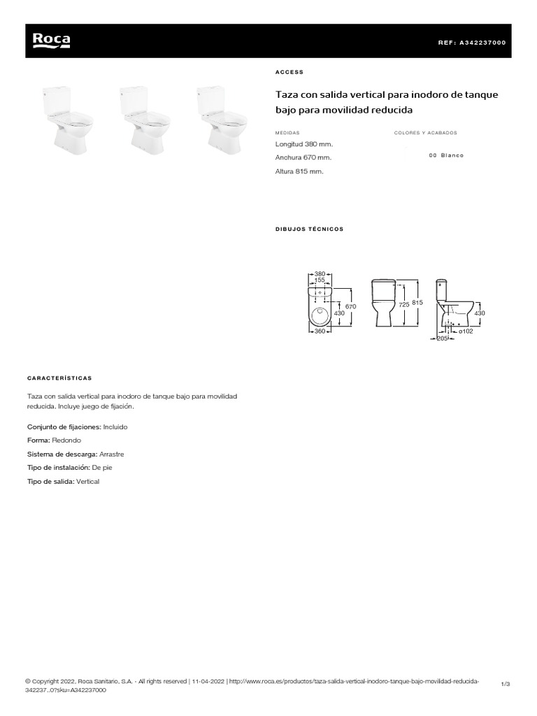 Inodoro Roca Access Salida Vertical 10362086 Techsheetsup | PDF