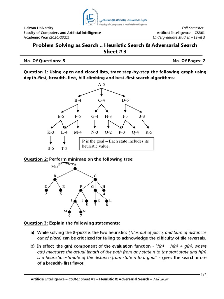 AI Sheet 3 - Problem Solving As Search (Heuristic Search - Adversarial Search) PDF | PDF ...