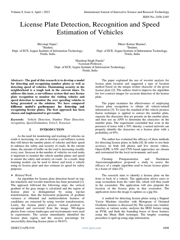 License Plate Detection Recognition And Speed Estimation Of Vehicles