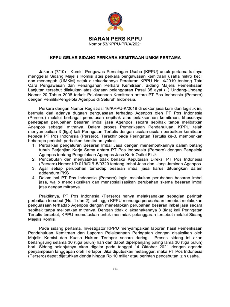 Siaran Pers No. 53 - KPPU PR - X - 2021 | PDF