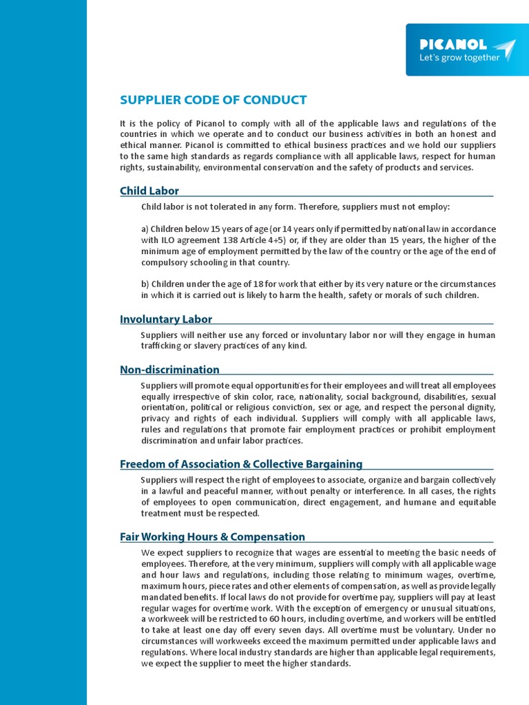 2020 Picanol Supplier Code of Conduct - 0 | PDF | Overtime | Employment