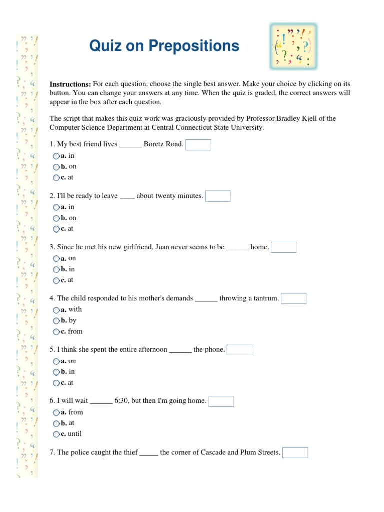 Prepositions Quiz Instructions | PDF | Language Arts & Discipline ...