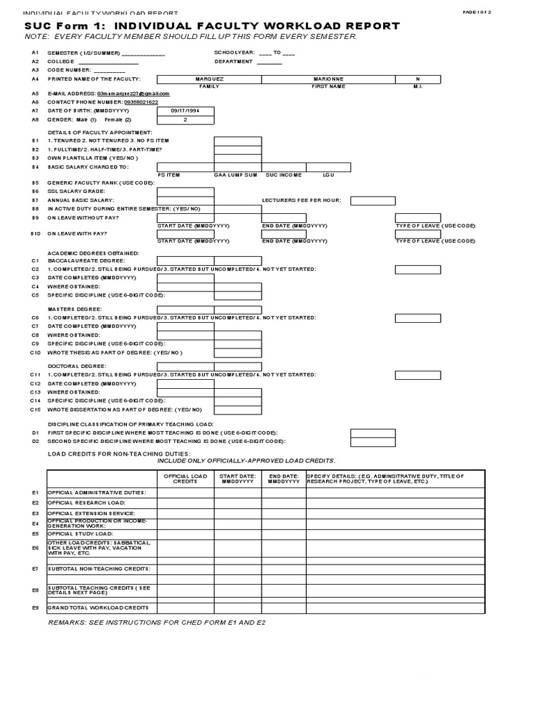 SUC Form 1 Individual Faculty Workload Report | PDF