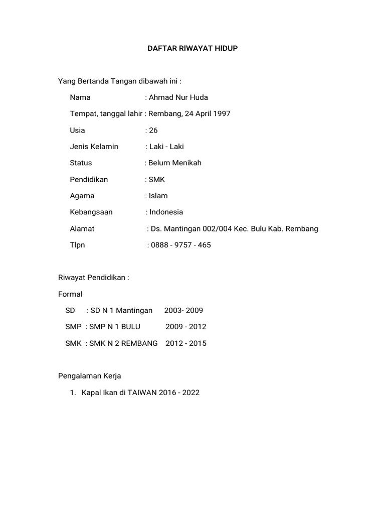 Daftar Riwayat Hidup Ahmad Nur Huda PDF | PDF