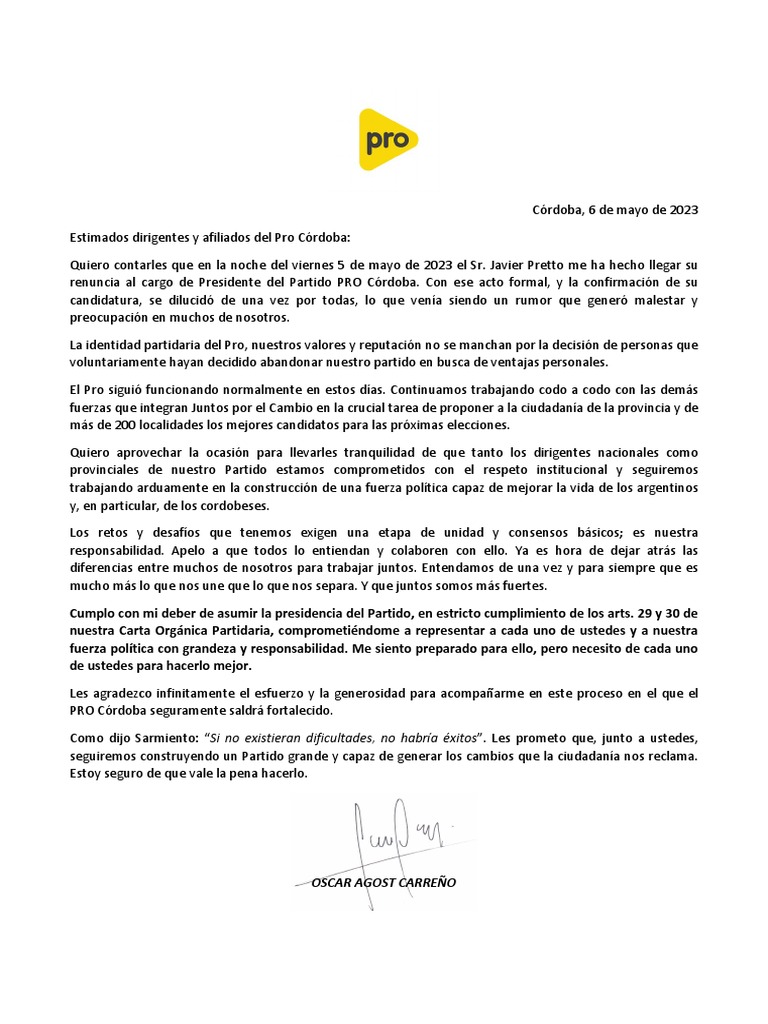 Comunicado Tras La Salida de Javier Pretto Del PRO Córdoba | PDF ...
