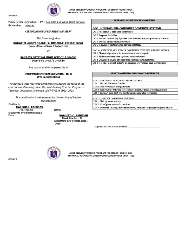 Annex 4 JDVP Certificate of Learners Mastery 01212020 | PDF