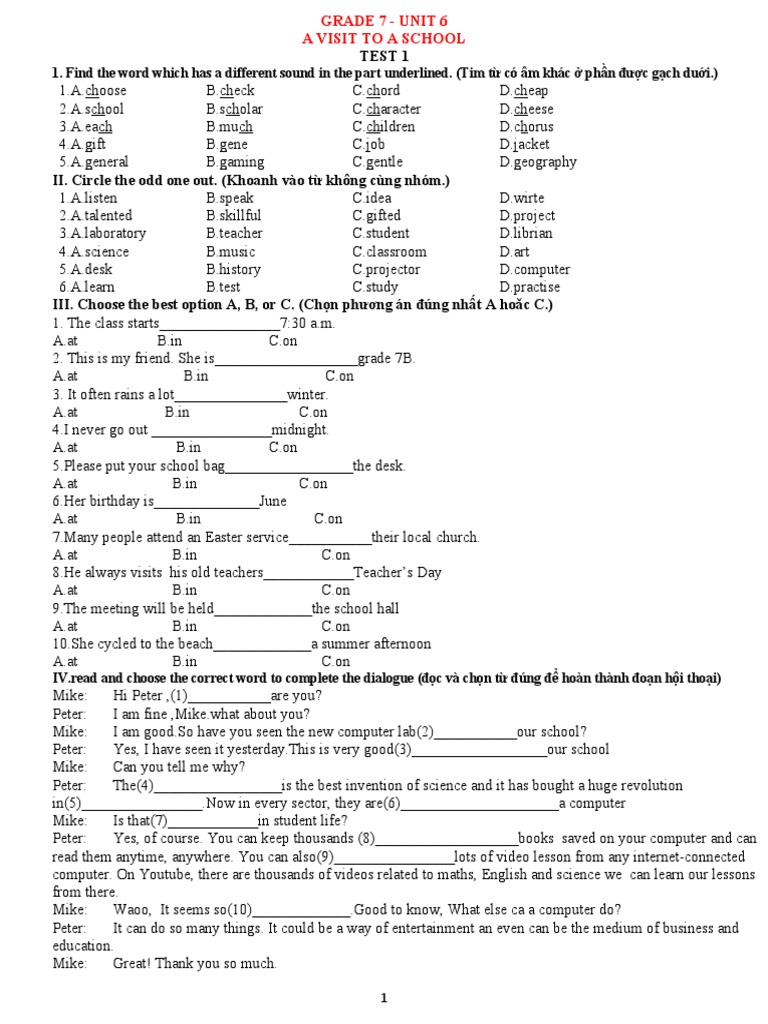 Đề ktra t.anh 7 unit 6 | PDF