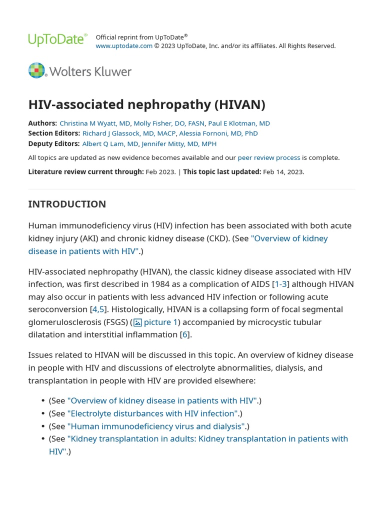 HIV-associated Nephropathy (HIVAN) - UpToDate PDF | PDF