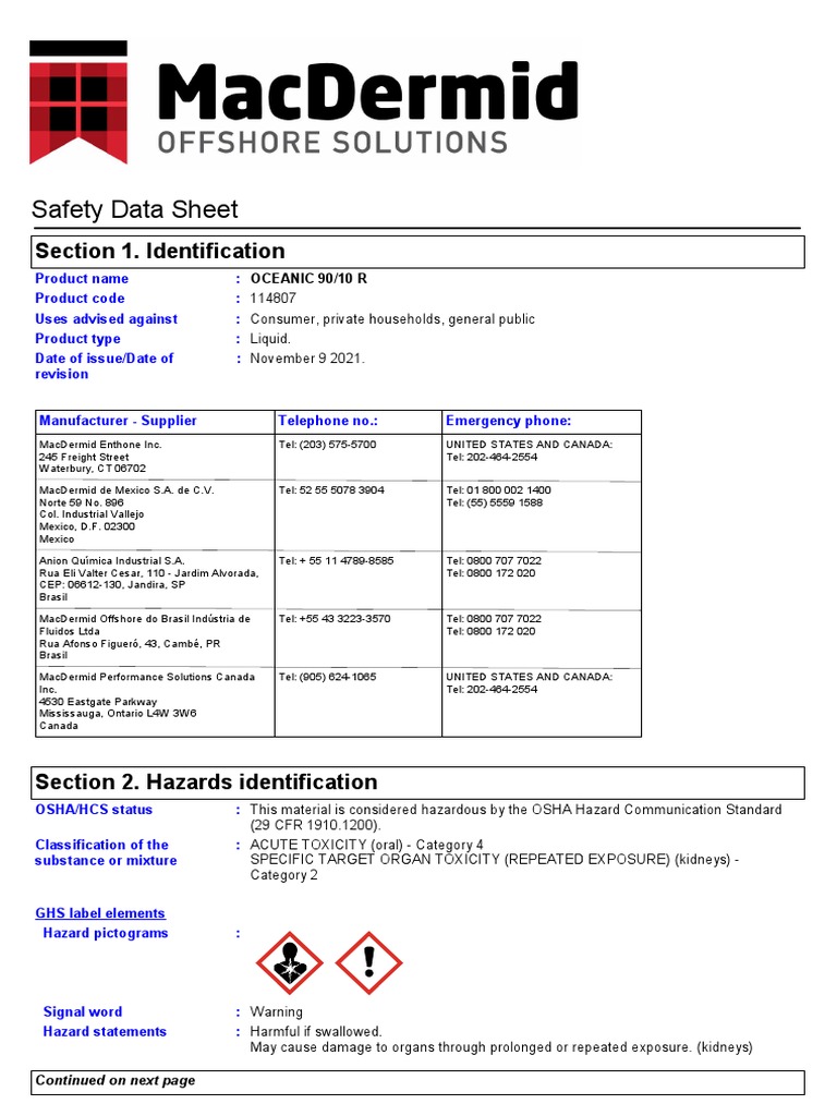Oceanic 90/10 R Safety Data Sheet | PDF | Self-Improvement | Science ...