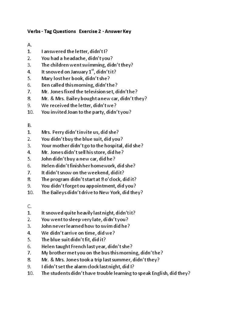 Verbs - Tag Questions Exercise 2 - Answer Key PDF | PDF