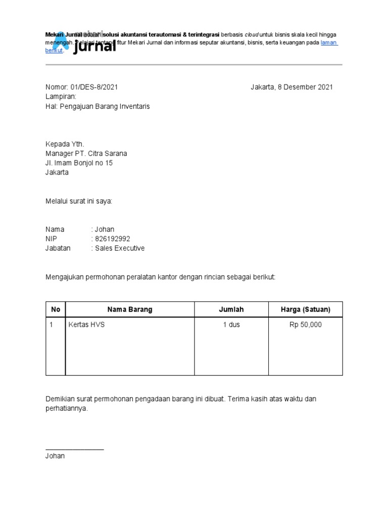 Surat Pengajuan Barang Inventaris Kantor.docx | PDF