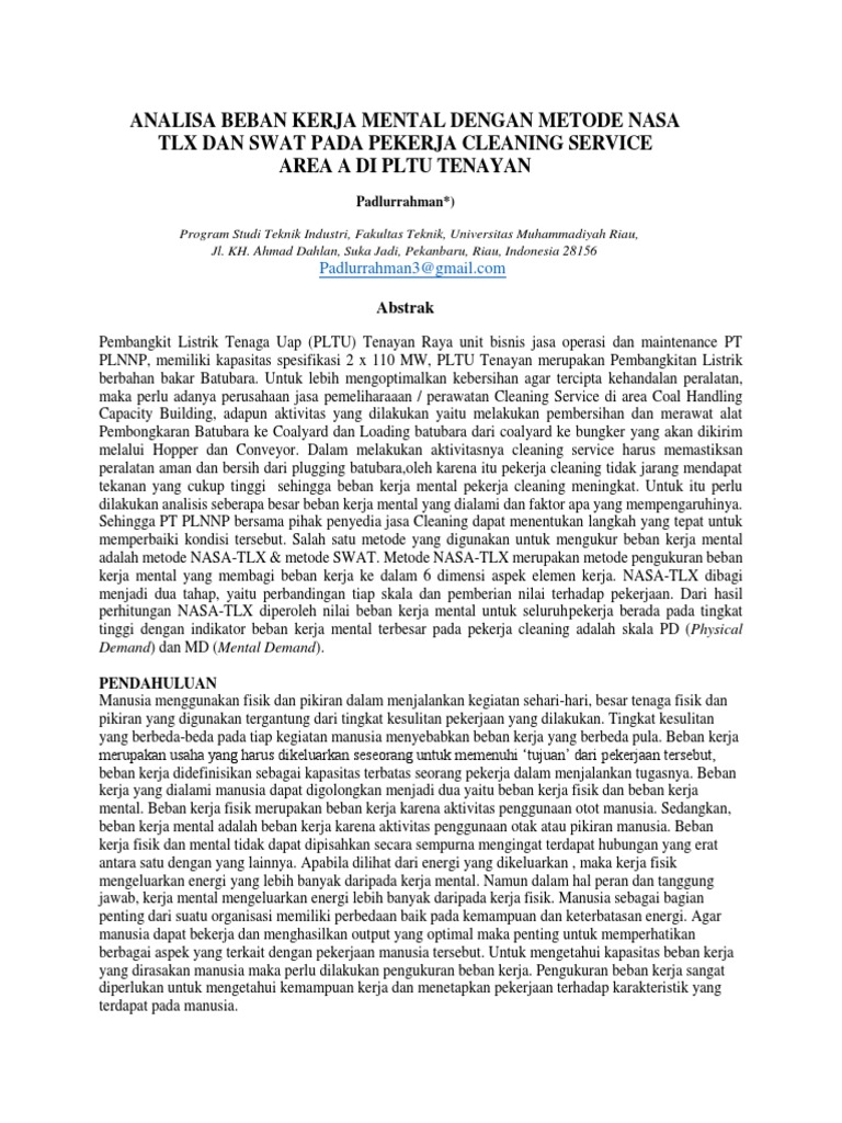 Analisa Beban Kerja Mental Dengan Metode Nasa TLX Pada Pekerja Cleaning ...