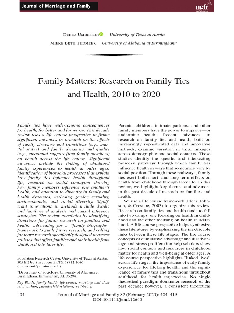 Family Ties and Health: 2010-2020 Review | PDF