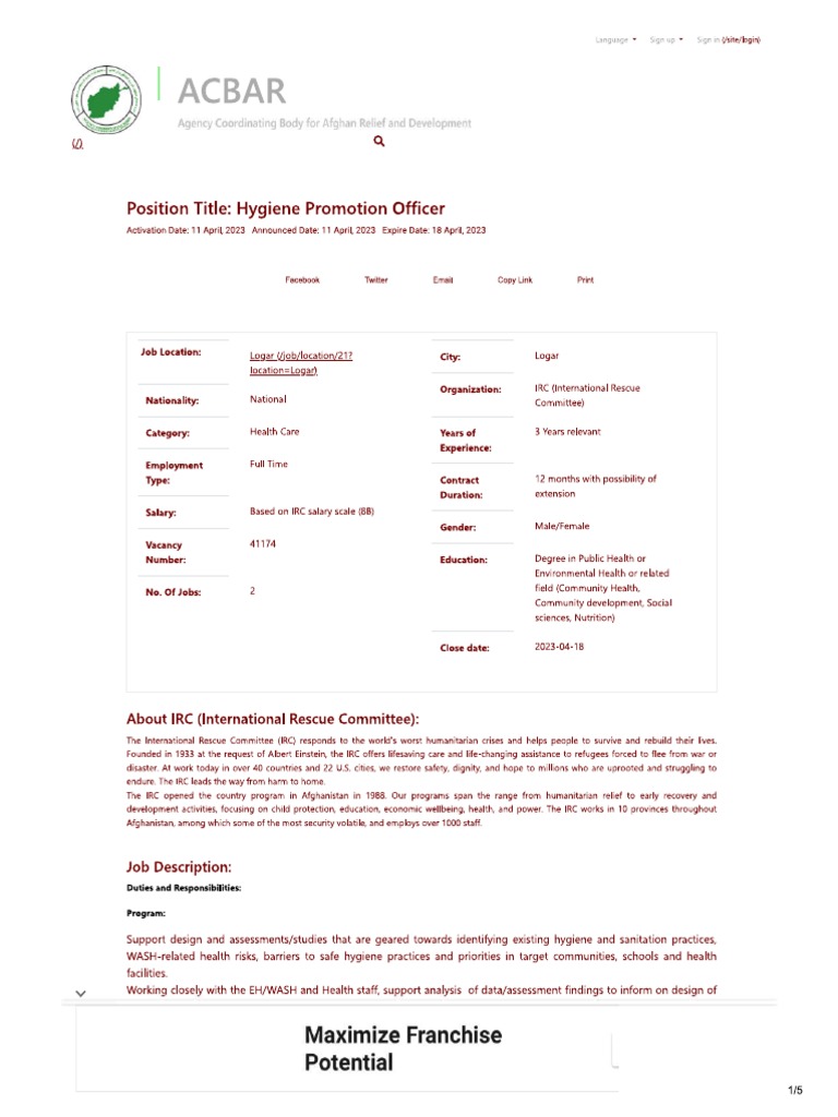 ACBAR - Hygiene Promotion Officer | PDF