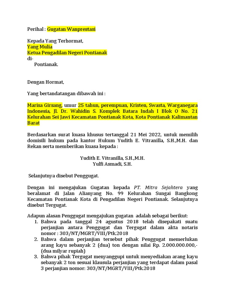 Contoh Gugatan Wanprestasi 21 Mei 2022 | PDF