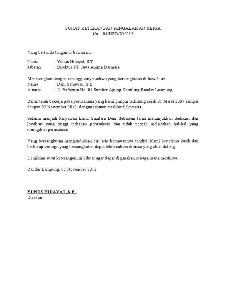 872 - Contoh Surat Pengalaman Kerja (Paklaring) Sekretaris | PDF